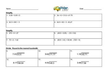 Free Sixth Grade Decimals PDF Worksheets | edHelper.com